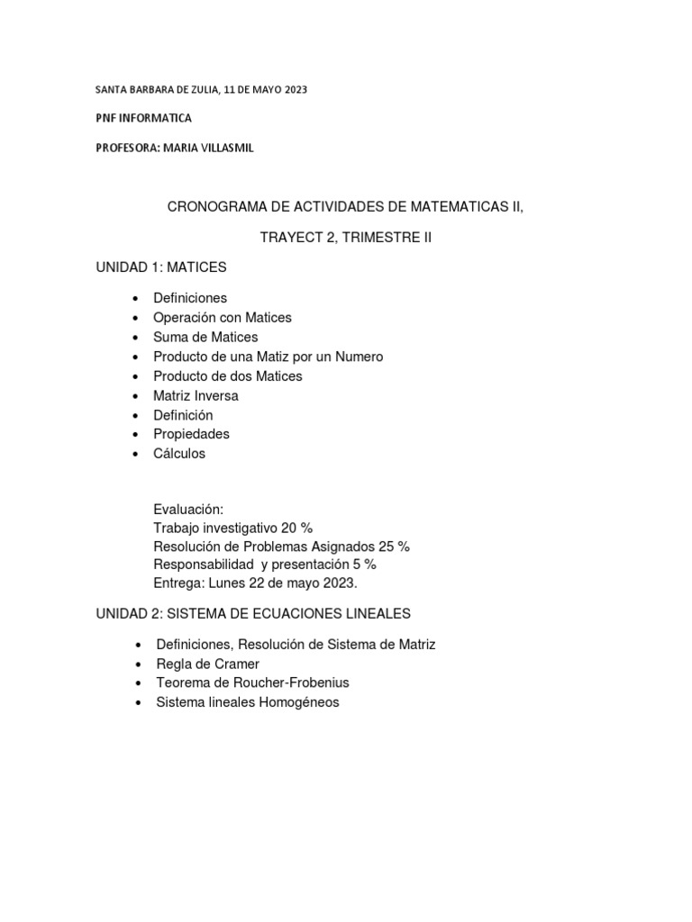 Cronograma de Actv Mat 2 TRI 2 TRAY 22023-1 | PDF
