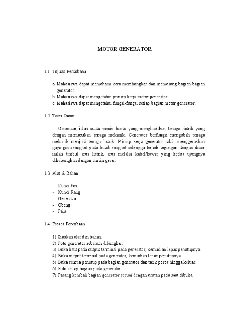 Motor Generator - Laporan Bengkel | PDF