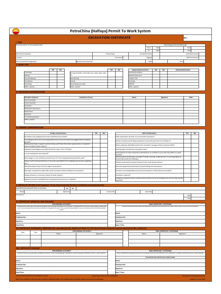 Excavation Certificate and Safety Checklist | PDF | Occupational Safety And Health