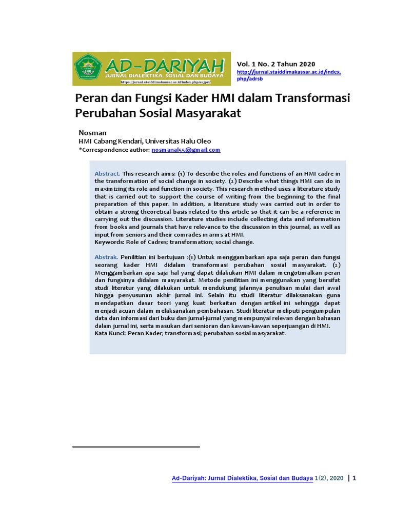 Vol 1 No 2, 6 Peran Dan Fungsi Kader HMI Dalam Transformasi Perubahan ...