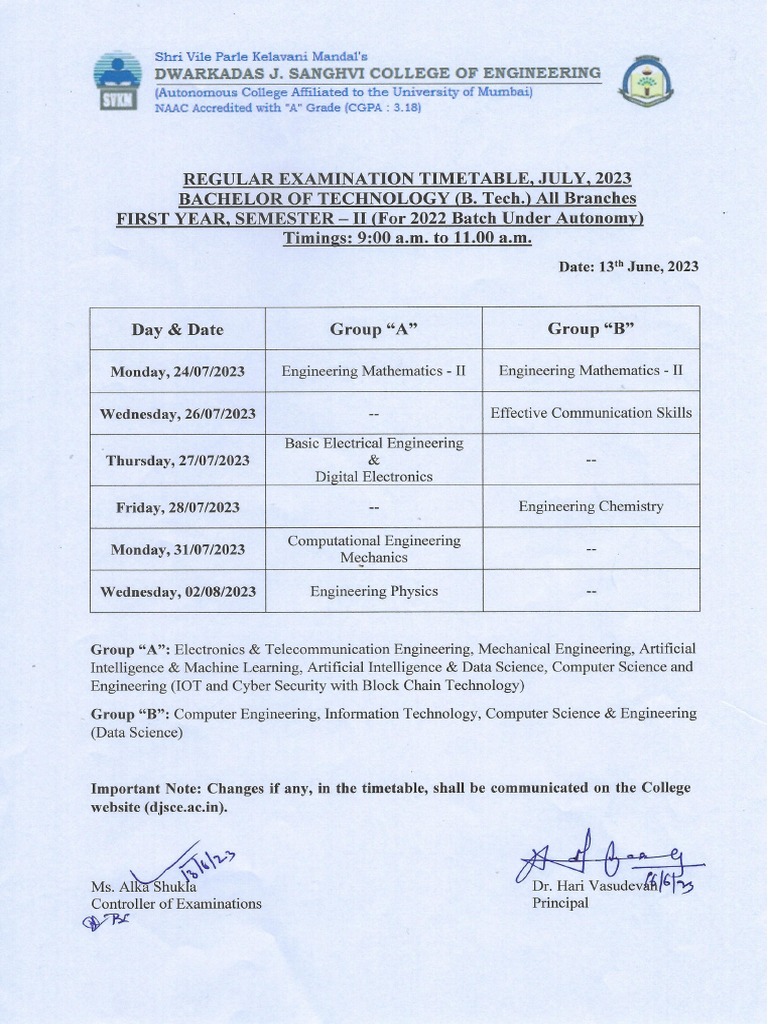 Timetable - Regular Examination - B.Tech. - Sem II | PDF