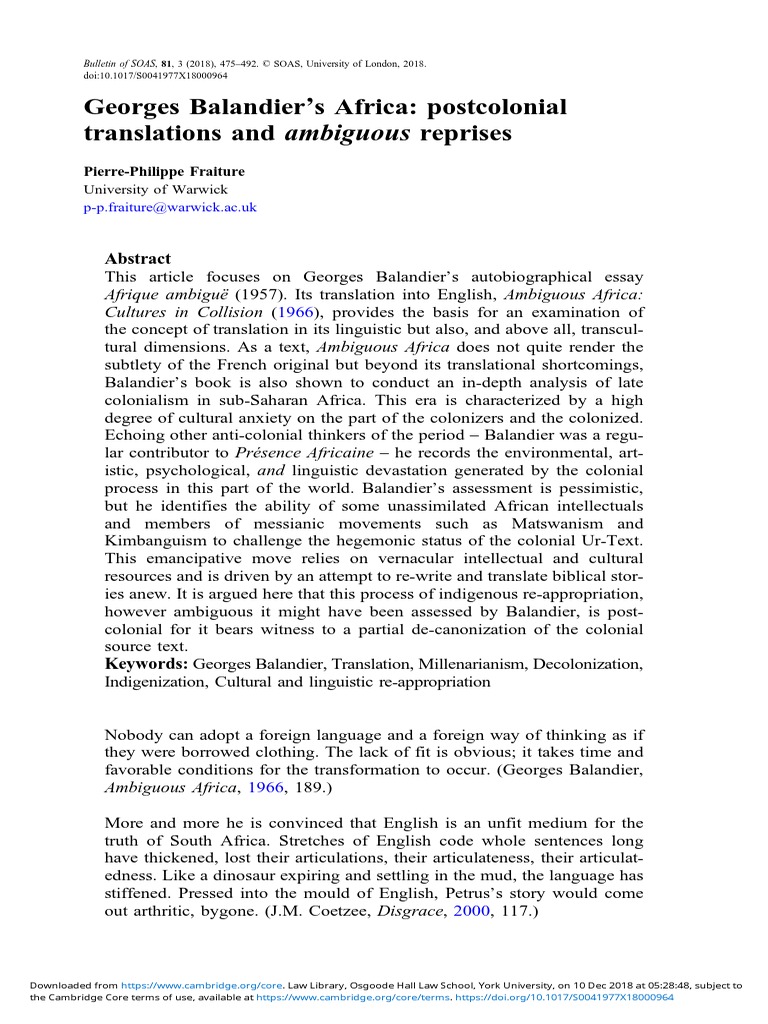 Georges Balandier 'S Africa: Postcolonial Translations and Ambiguous ...