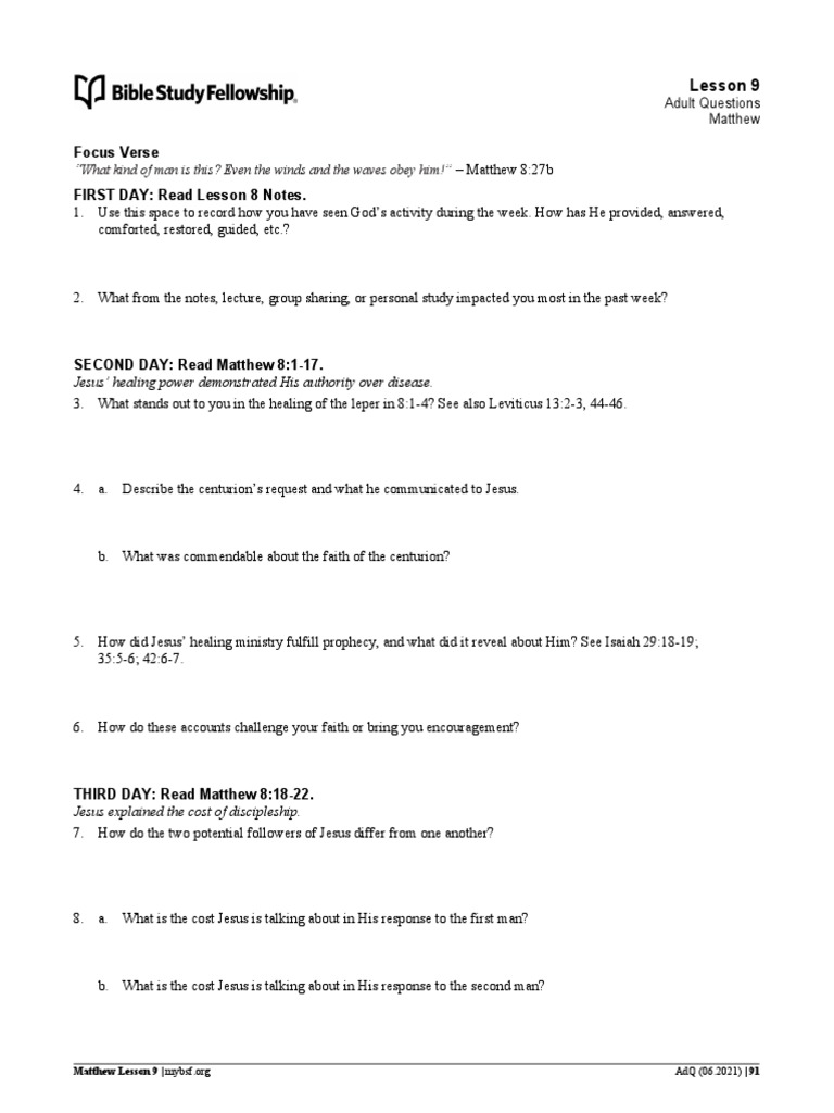 Matthew 8 Questions Lesson 9 - WORD | PDF | Gospel Of Matthew | Jesus
