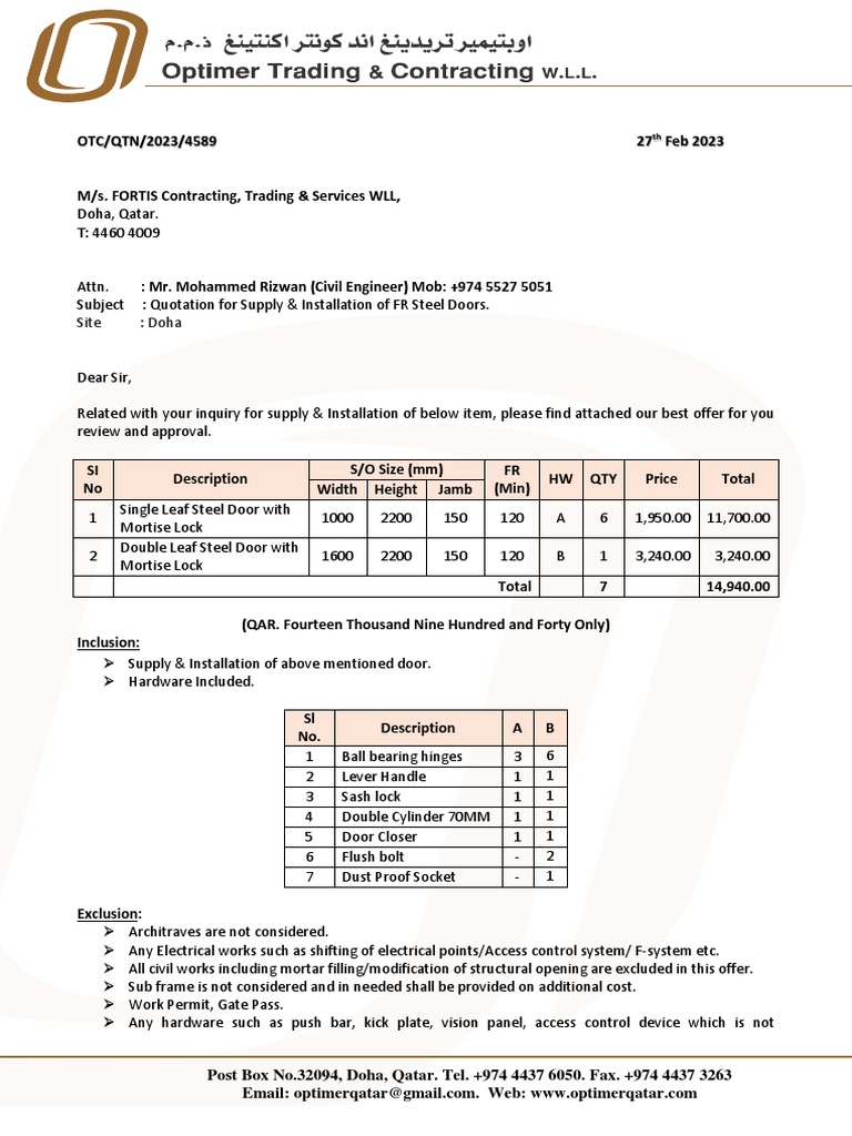 Qatar Steel Door Quotation | PDF | Door