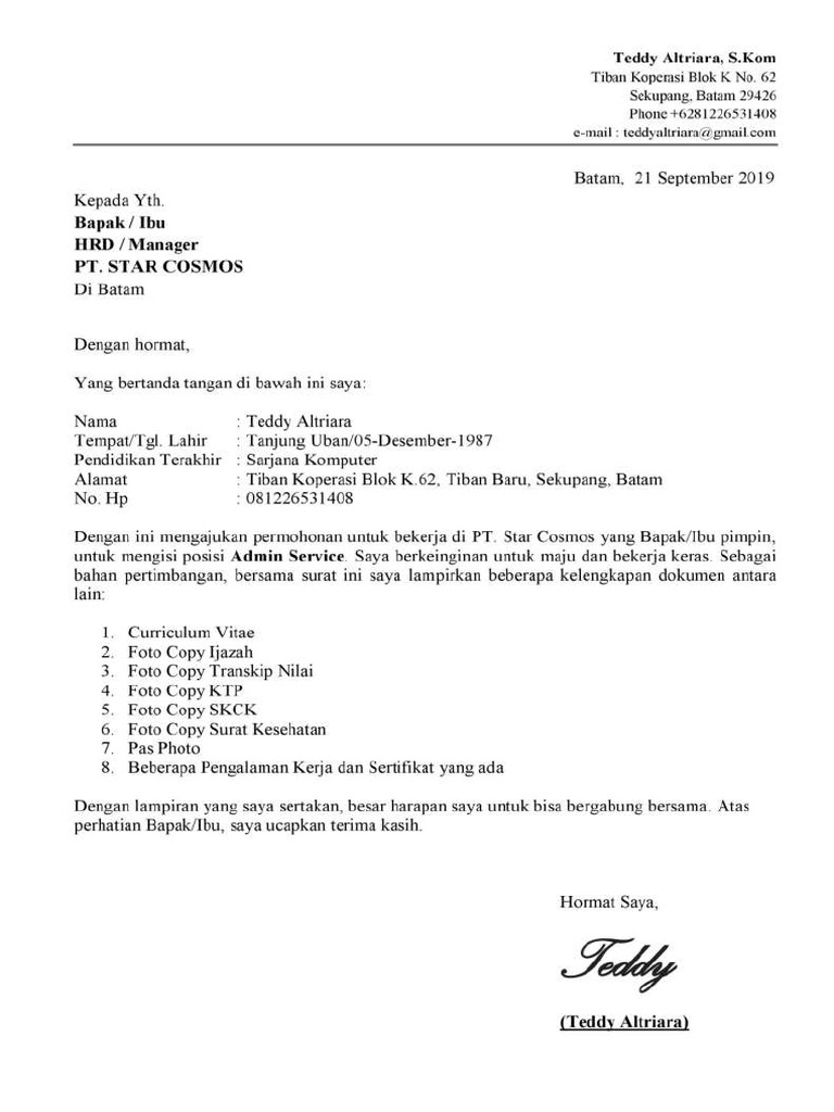 Lamaran Berkas Teddy PT Cosmos | PDF