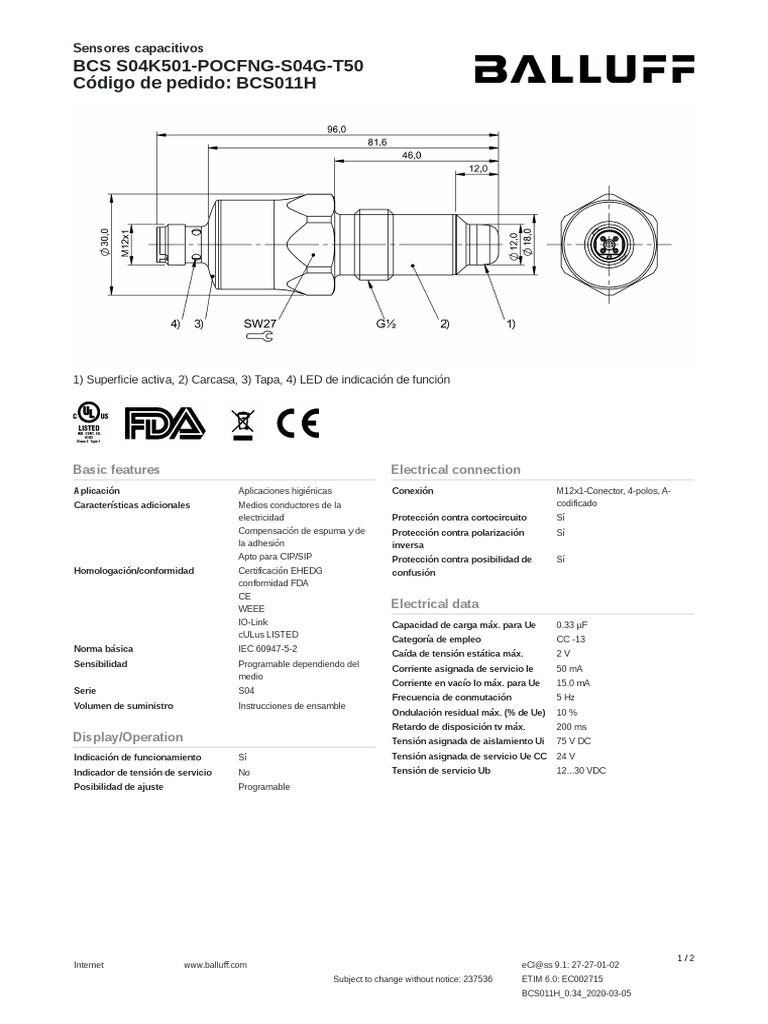 Manual Sensor Capacitivo BALLUFF BCS04501K | PDF | Ingenieria Eléctrica | Electricidad