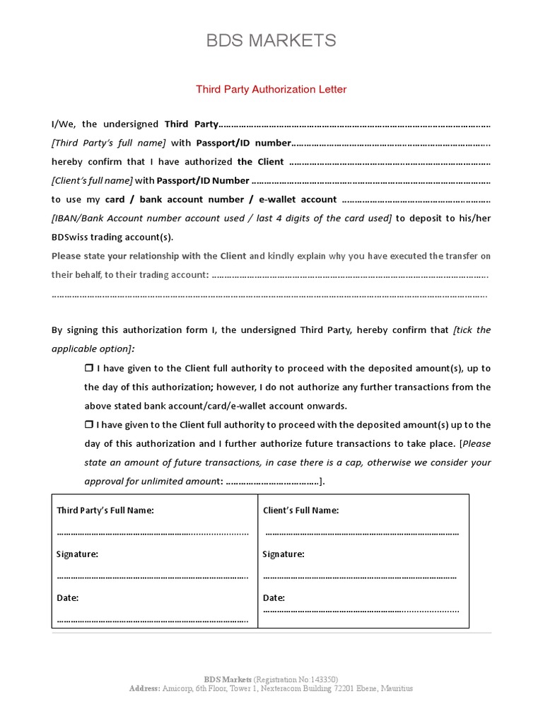 Third Party Authorization Letter - BDS Markets MAU | Download Free PDF ...
