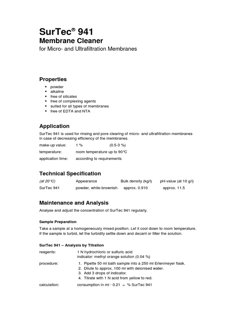 Surtec 941: Membrane Cleaner | PDF | Titration | Chemistry