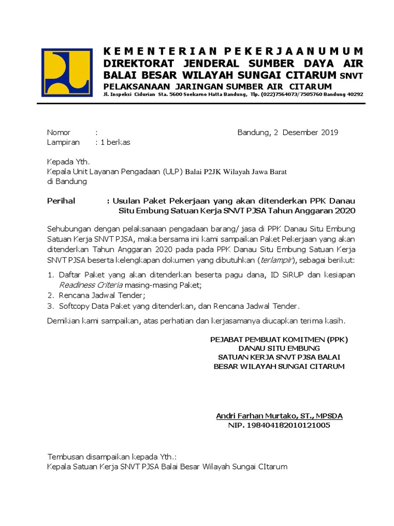 Surat Usulan Paket Dari PPK Ke Bp2jk PPK Dse | PDF