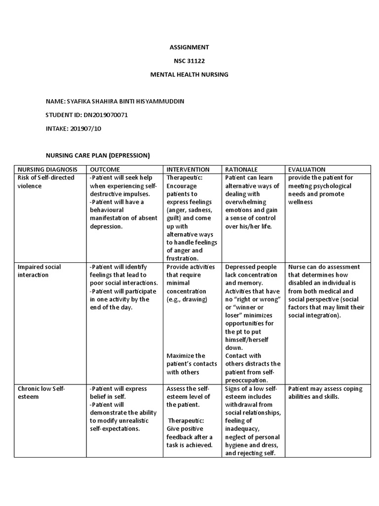 Care Plan (Depression) | Download Free PDF | Self Esteem | Major ...