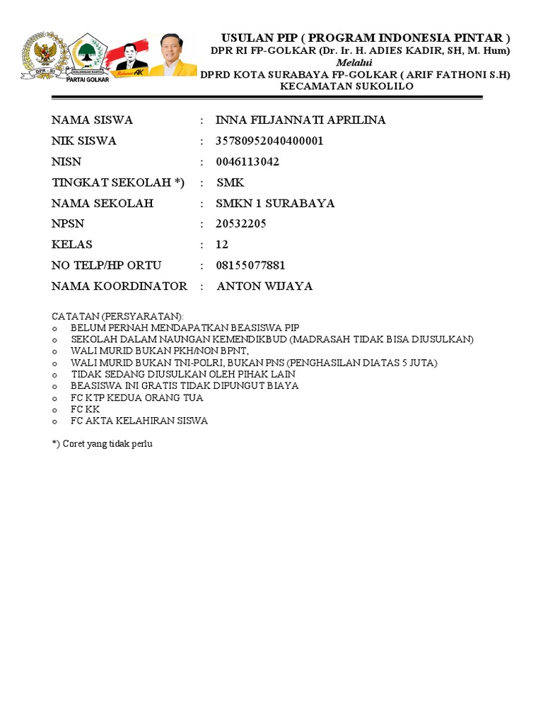 Contoh Formulir PIP untuk SD dan SMK | PDF