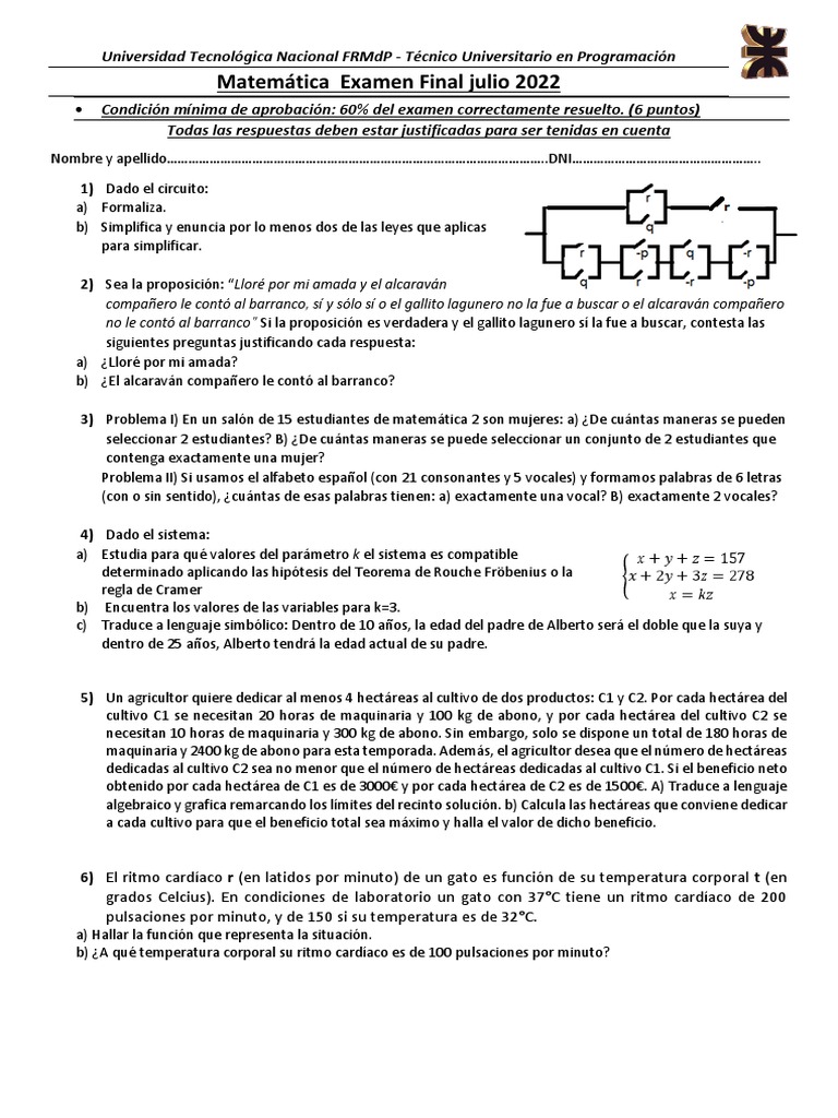 Examen Final Matemática UTN FRMdP 2022 | PDF | Matemáticas