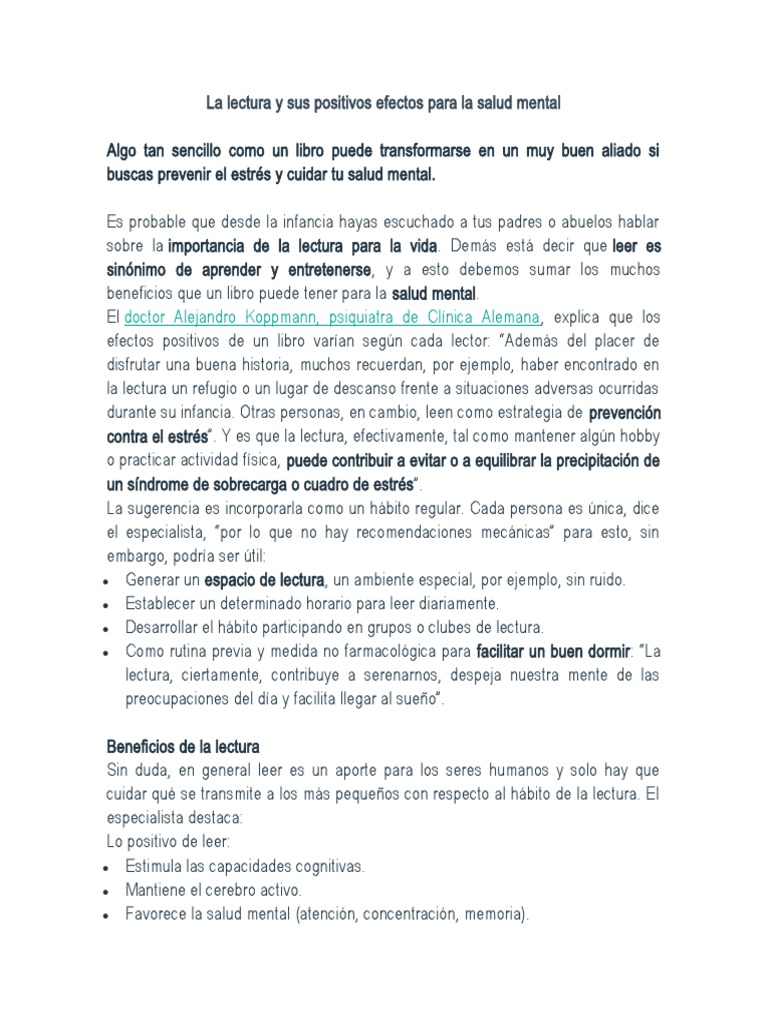 La Lectura y Sus Positivos Efectos para La Salud Mental | PDF | Estrés ...