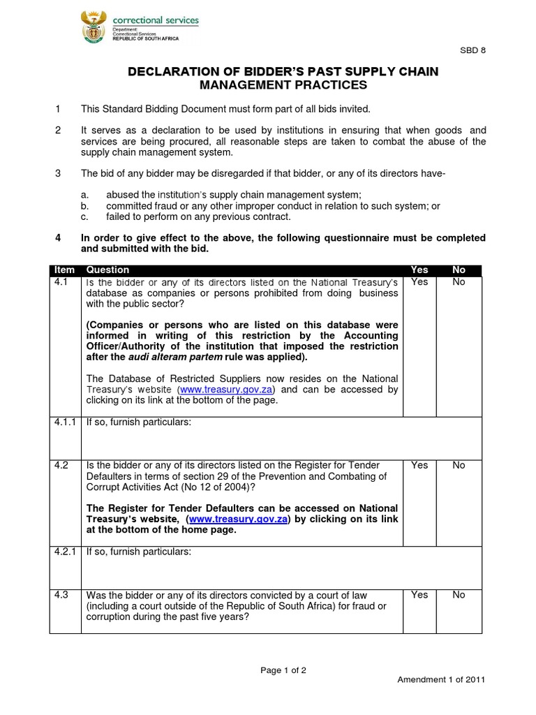 SBD 8 Declaration of Bidder's Past SCM Practices | PDF | Government ...