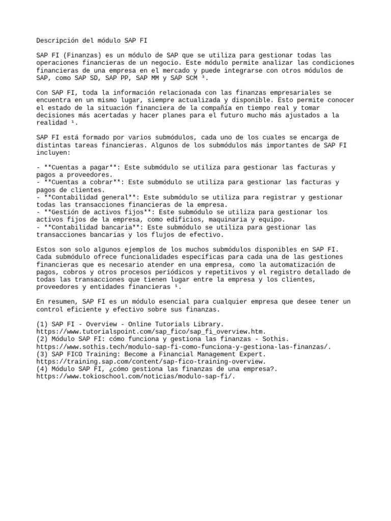 Descripción Del Módulo SAP FI | PDF