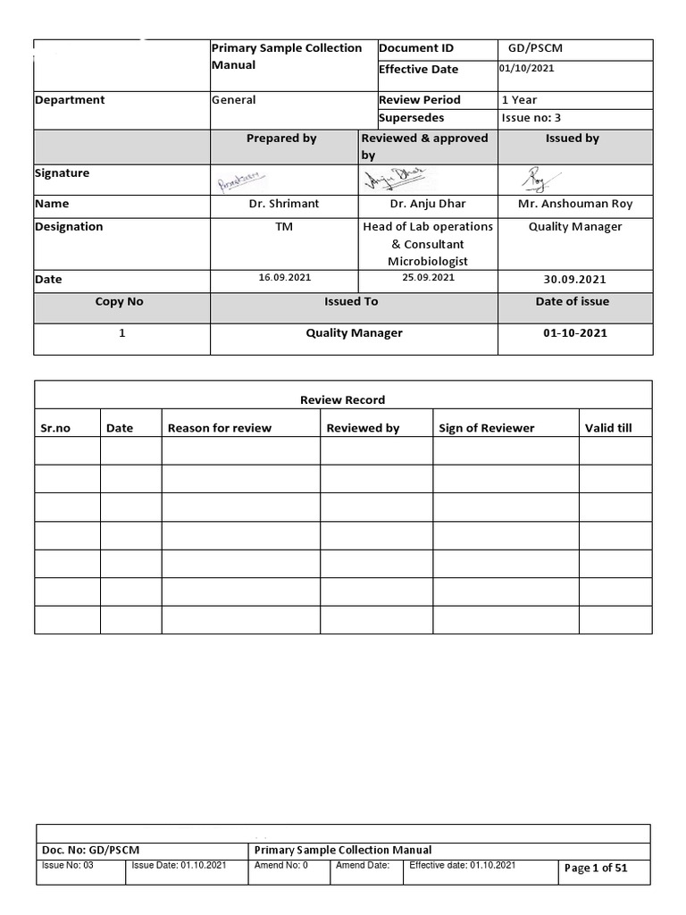 Primary Sample Collection Manual GD-QSPM | PDF | Medicine | Clinical ...