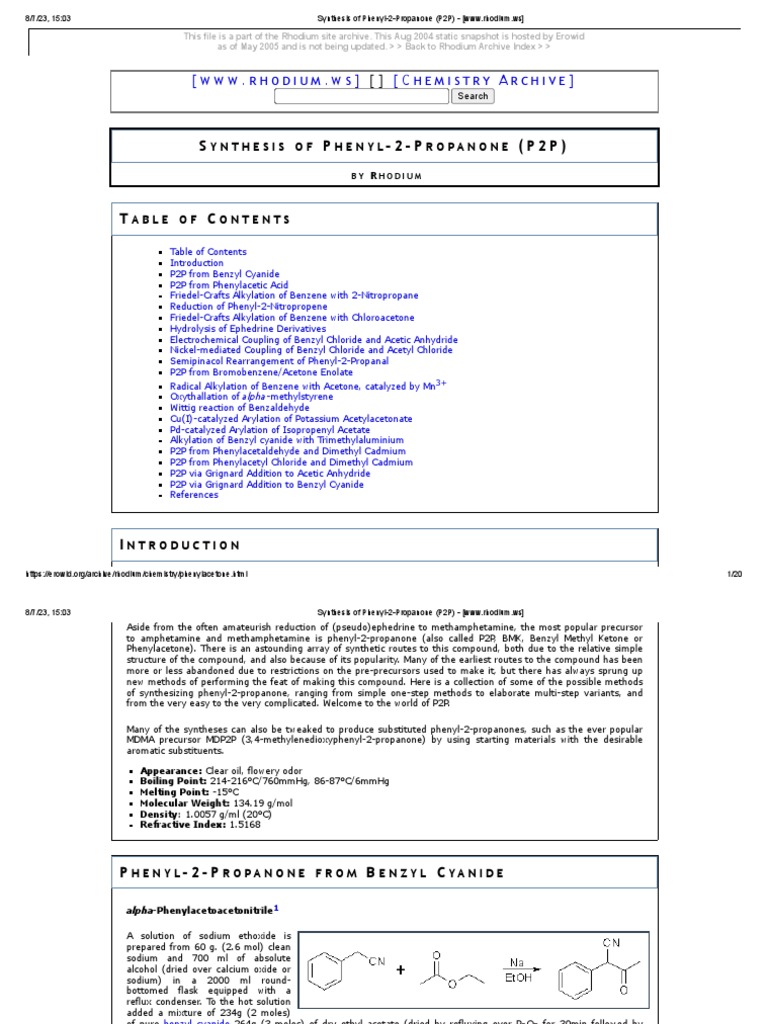 Synthesis of Phenyl-2-Propanone (P2P) - (WWW - Rhodium.ws) Synthesis of ...