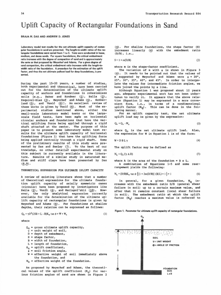 Uplift Capacity of Rectangular Foundations in Sand - Braja Das and Andrew Jones | PDF | Soil ...