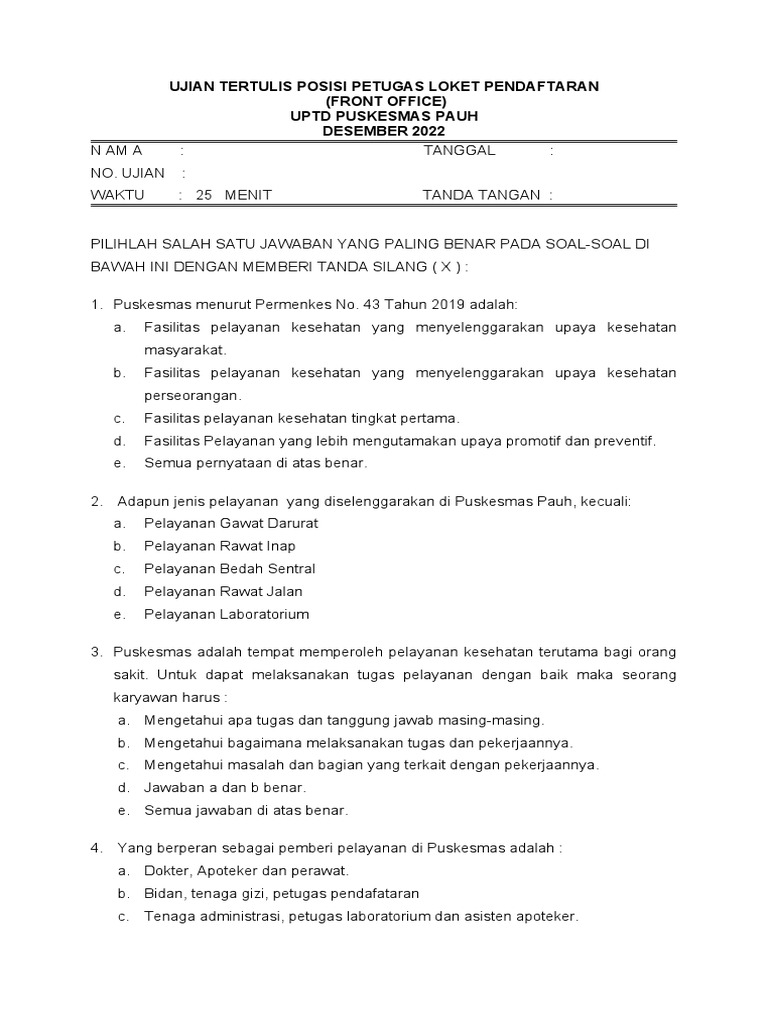 Ujian Tertulis Posisi Petugas Loket Pendaftaran Fix | PDF | Karier & Perkembangan