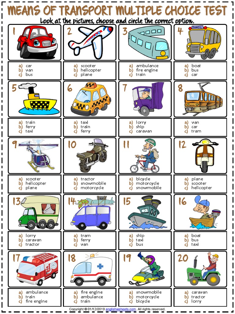 Means of Transport Vocabulary Esl Multiple Choice Test For Kids-1-2 (1 ...