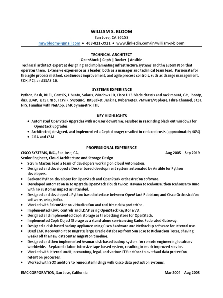 Technical Architect Resume: William Bloom | PDF | Open Stack | Computing
