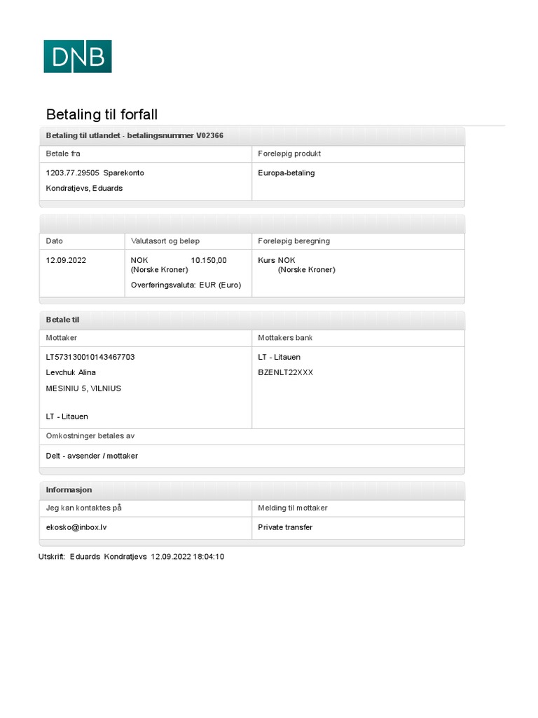 Betaling Til Forfall - Utskrift - DNB | PDF