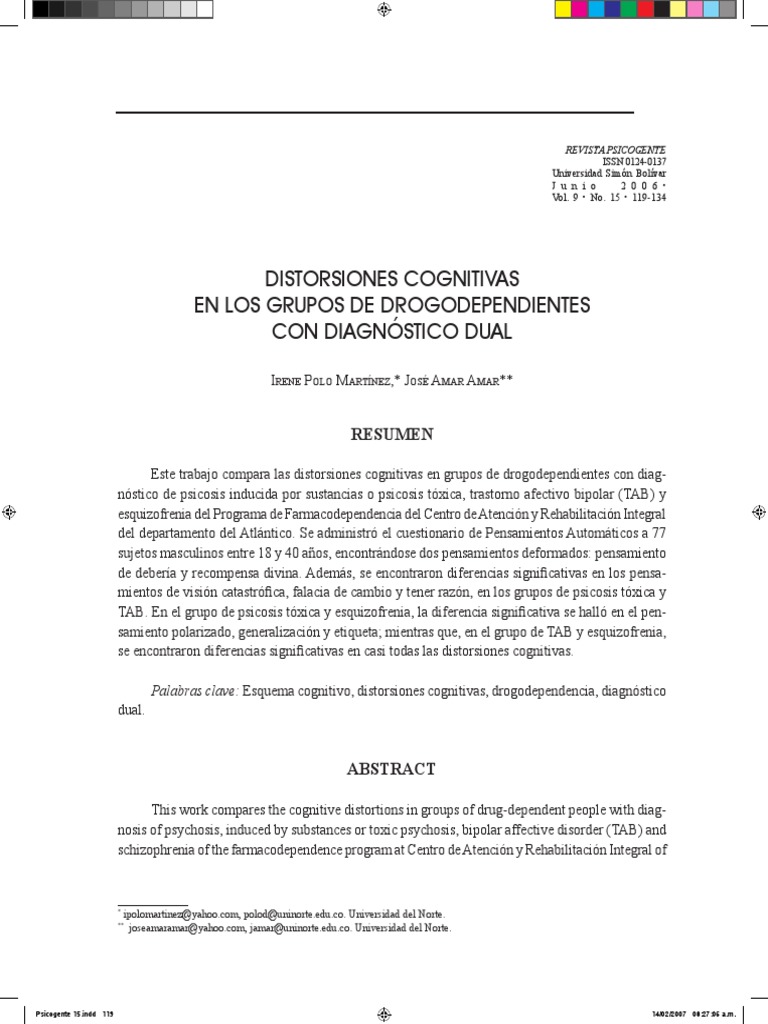 Distorsiones Cog Drogo | PDF | La dependencia de sustancias | Trastorno mental