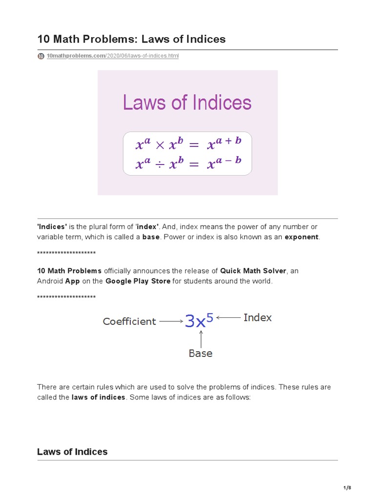 10 Math Problems Laws of Indices | PDF | Career & Growth | Teaching ...