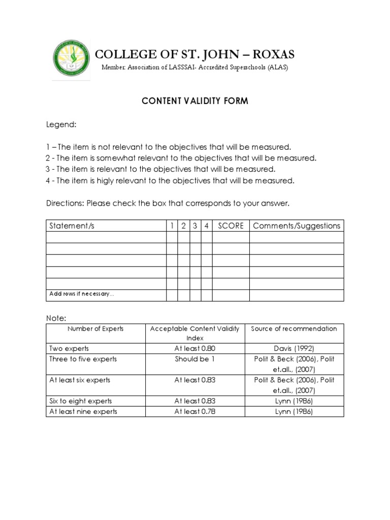Content Validity Form | PDF
