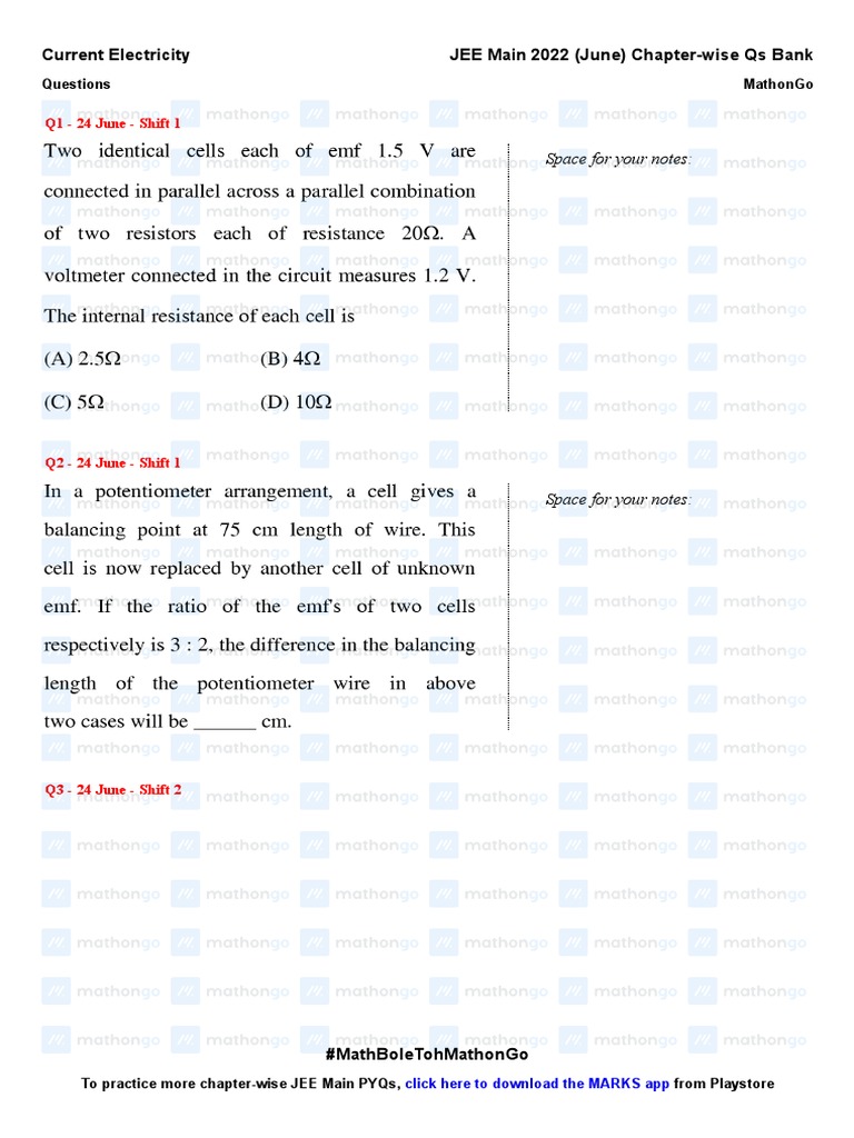 Current Electricity - JEE Main 2022 Chapter Wise Questions by MathonGo | PDF