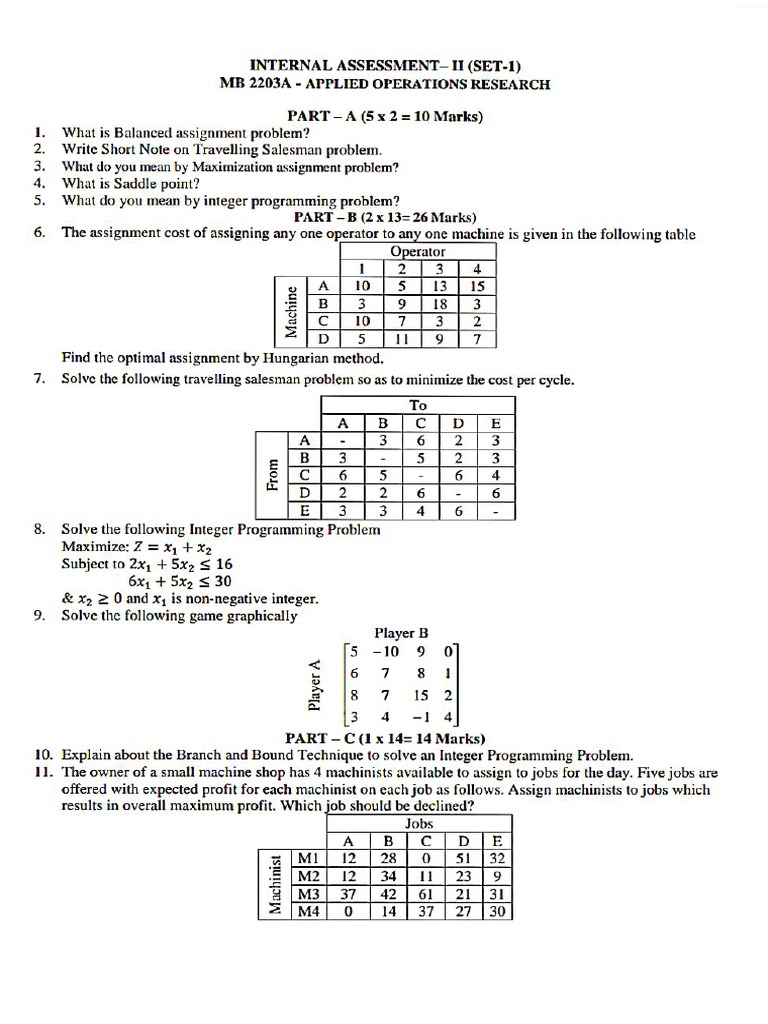 APPLIED OPERATION RESEARCH (INTERNAL ASSESSMENT 2) Set 1 Questions Paper With Solved Answers | PDF