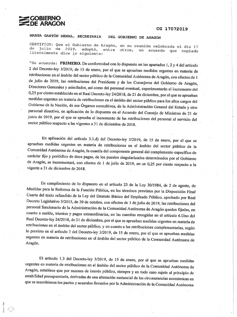 Acuerdo Retribuciones Personal Administracion General Jun Dic 2019 | PDF