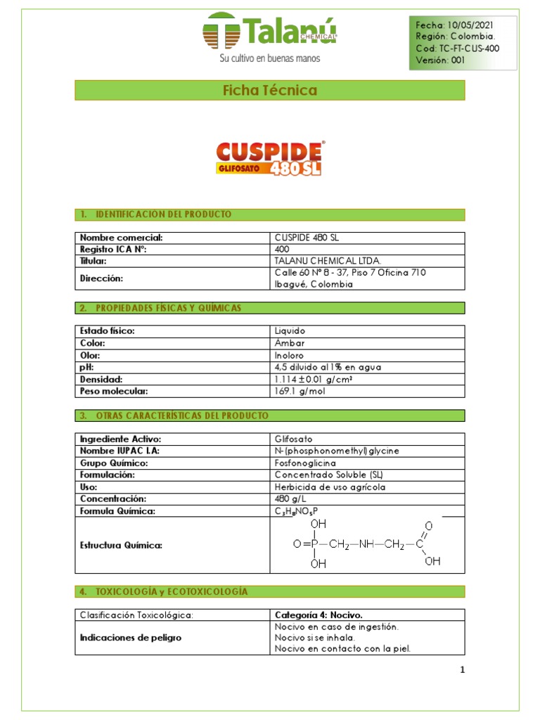 Ficha Técnica de CÚSPIDE 480 SL | PDF | Agua | Toxicidad