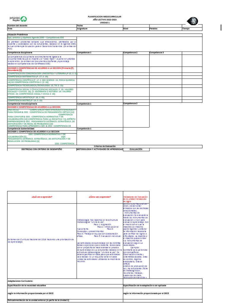 Formato Planificación Mesocurricular | PDF | Evaluación | Aprendizaje