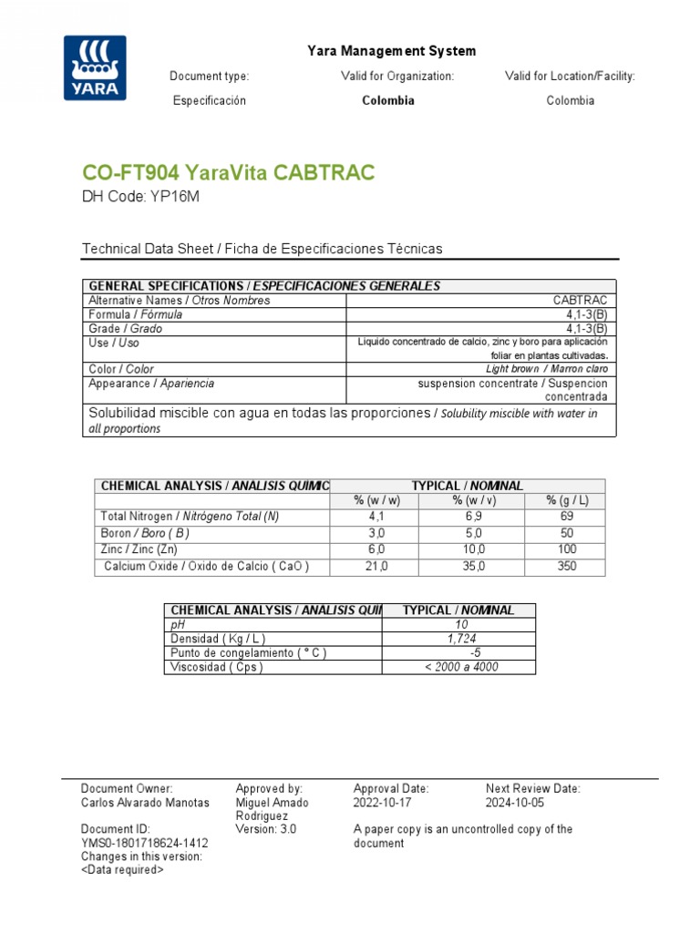 Ficha Técnica FT904 Yaravita CABTRAC | PDF | Química | Materiales ...