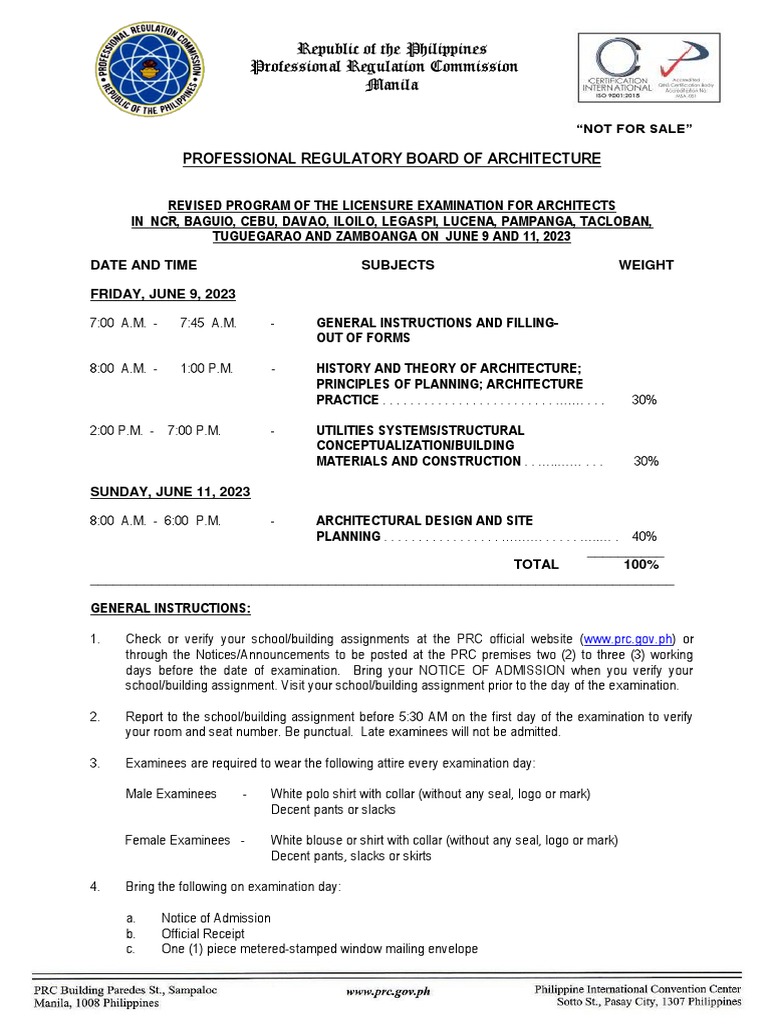 Revised Exam Program June 2023 (Archi) | PDF