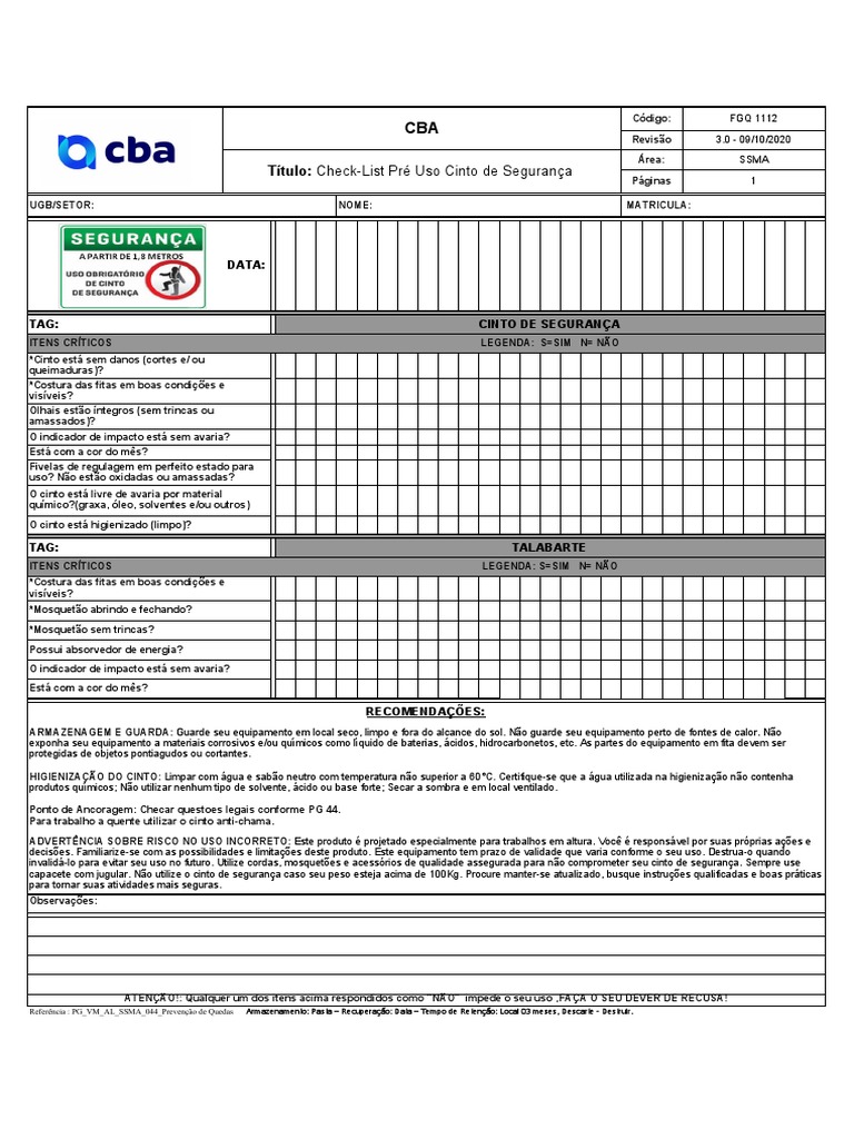 FGQ 1112 Check List Pre Uso Cinto de Seguranca | Download grátis PDF ...