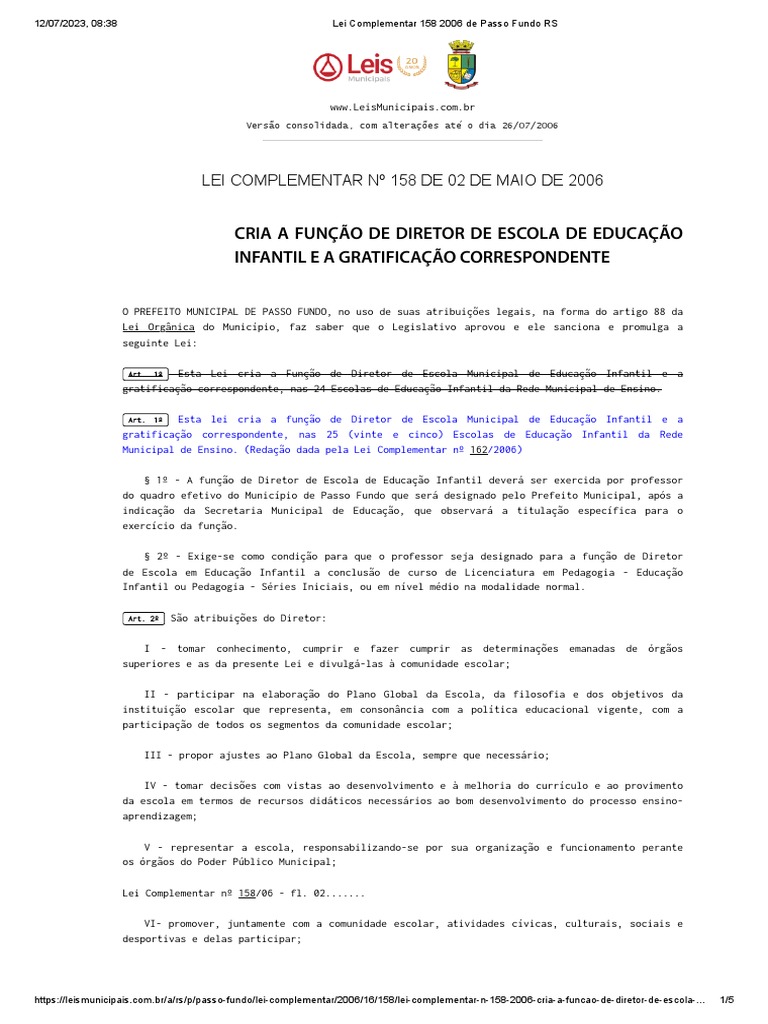 Lei Complementar 158 2006 de Passo Fundo RS | PDF | Pedagogia | Pré-escola