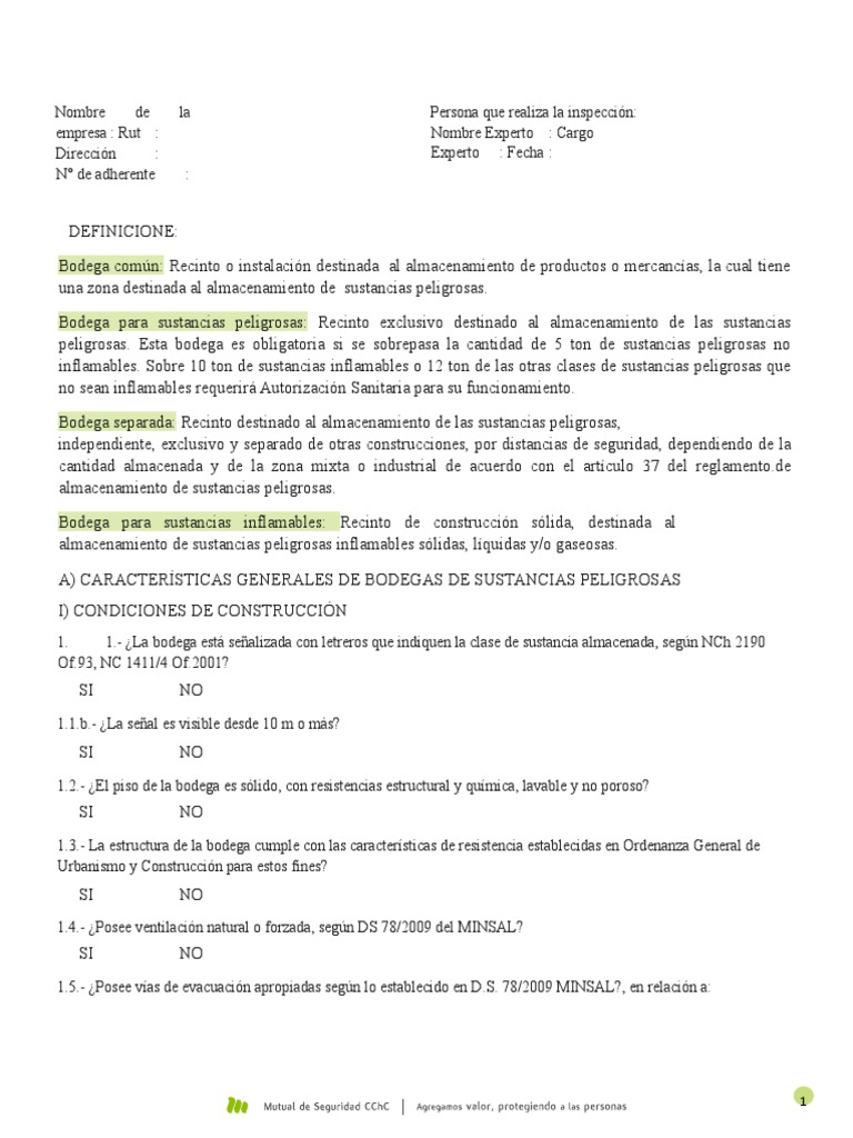 Check List Almacenamiento de Sustancias Quimicas Peligrosas | PDF | Química | Ciencias fisicas