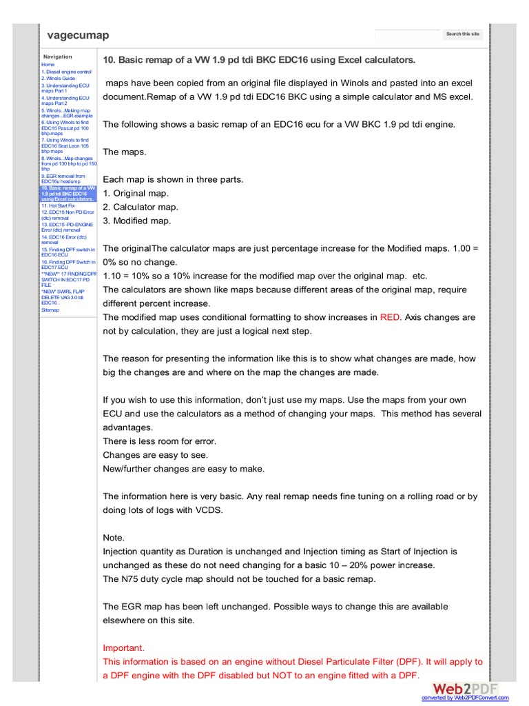Basic Remap of A VW 1.9 PD Tdi BKC EDC16 Using Excel Calculators. | PDF | Internal Combustion ...