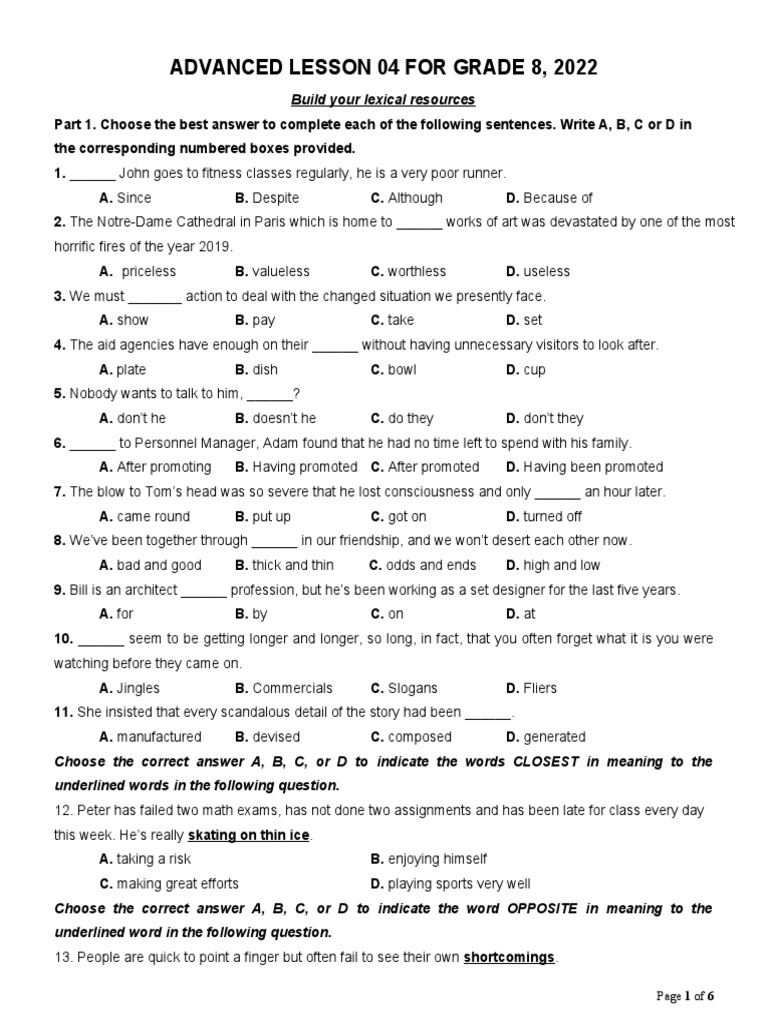 Advanced Lesson 4 For Grade 8 | PDF Advanced Lesson 4 For Grade 8 | PDF