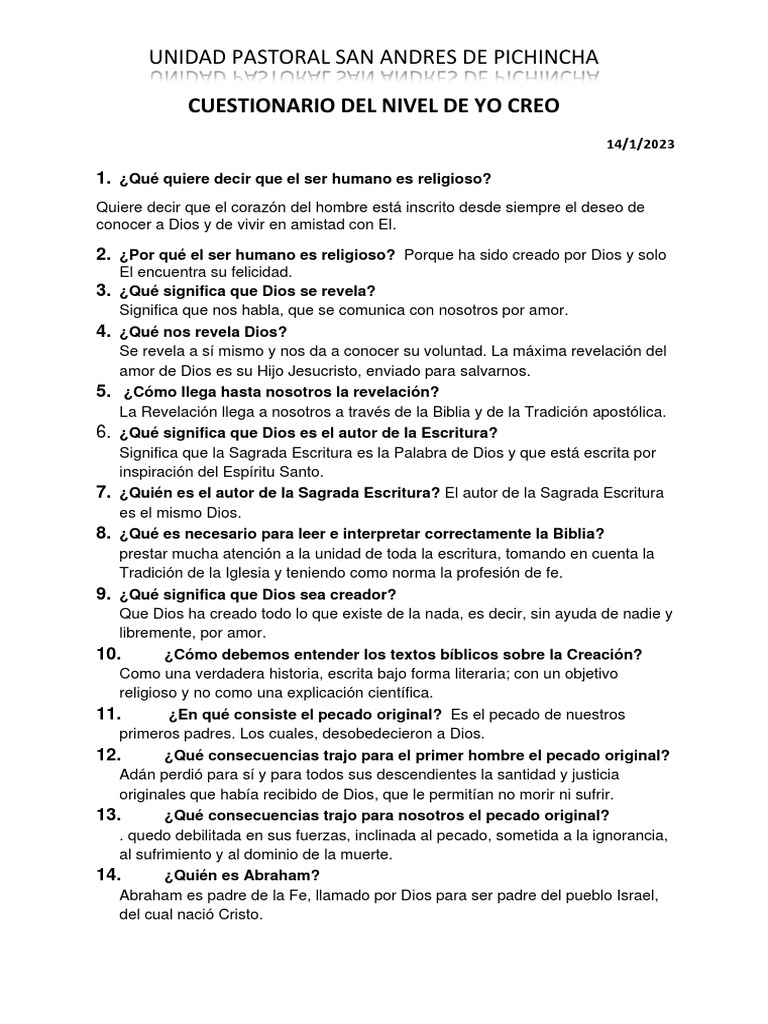 Cuestionario Del Nivel de Yo Creo | PDF | Jesús | Biblia
