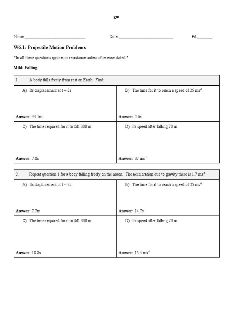 W6.1 - Projectile Motion Problems | PDF | Physical Quantities ...