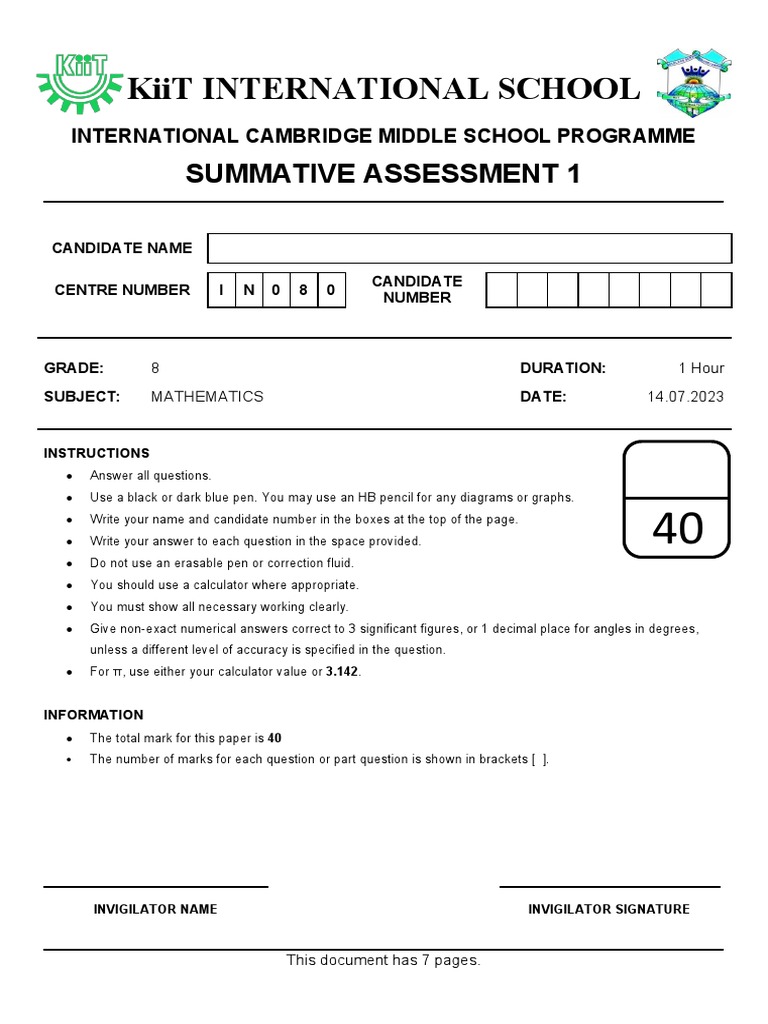 Icmsp - Grade 8 - Summative Assessment 1 - QP | PDF | Mathematical ...