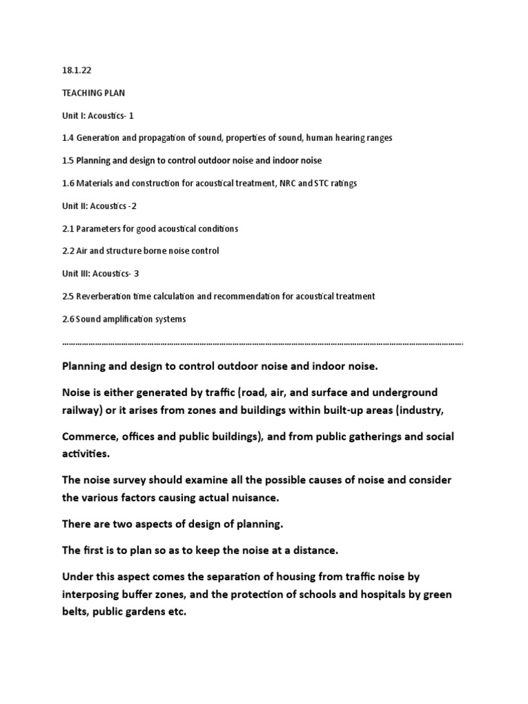 Unit I Acoustics Planning For Noise, STC, NRC | PDF | Acoustics | Sound