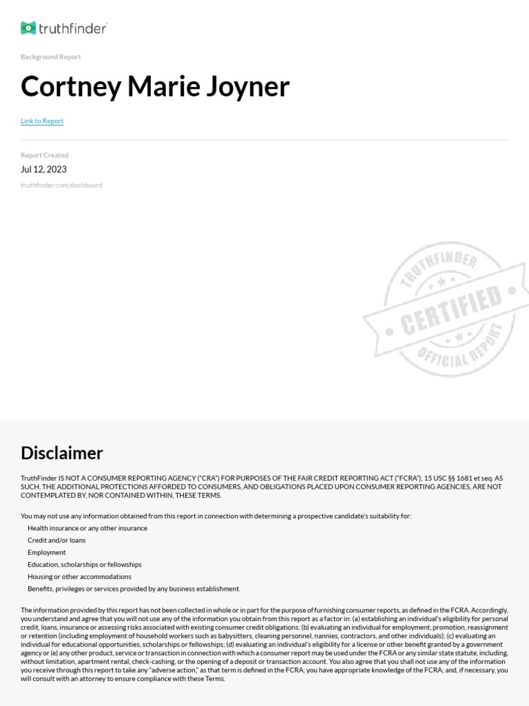 CortneyMarieJoyner TruthfinderReport | PDF | Telephone | At&T Mobility