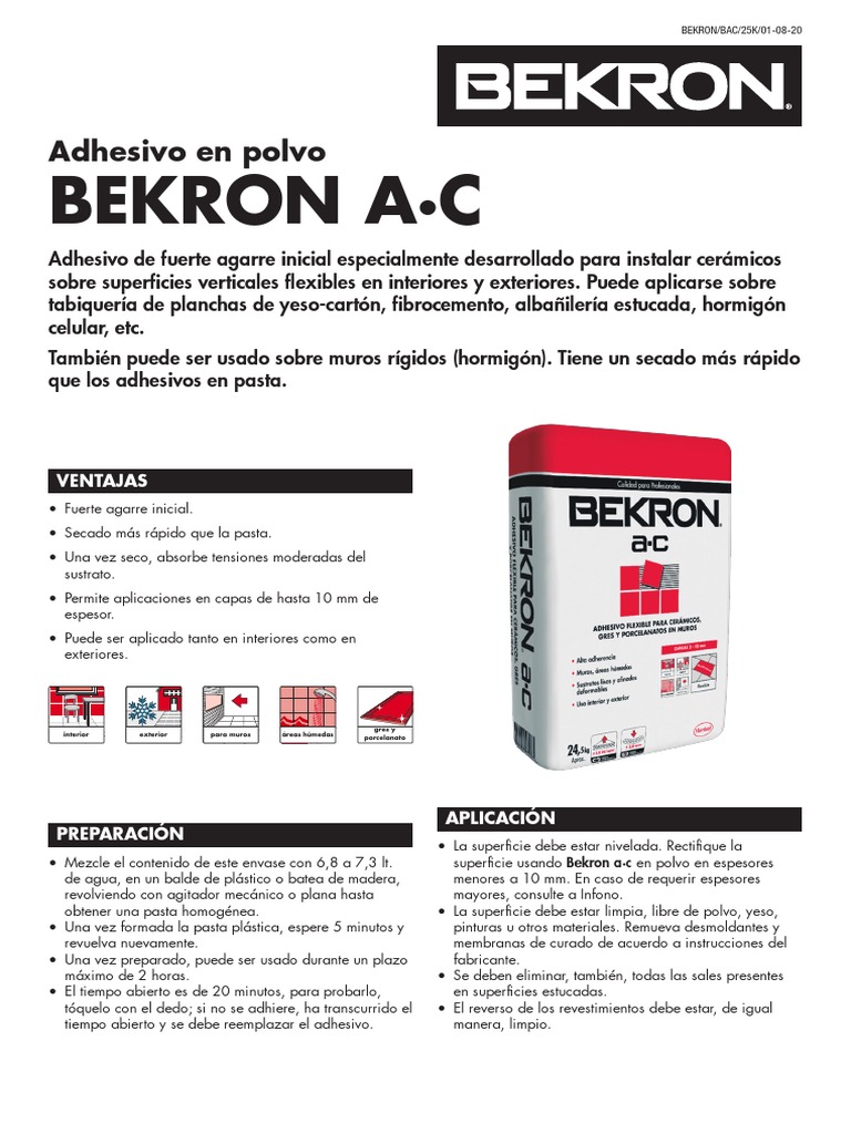 Adhesivo Bekron A·C para Cerámicos | PDF | Adhesivo | Yeso