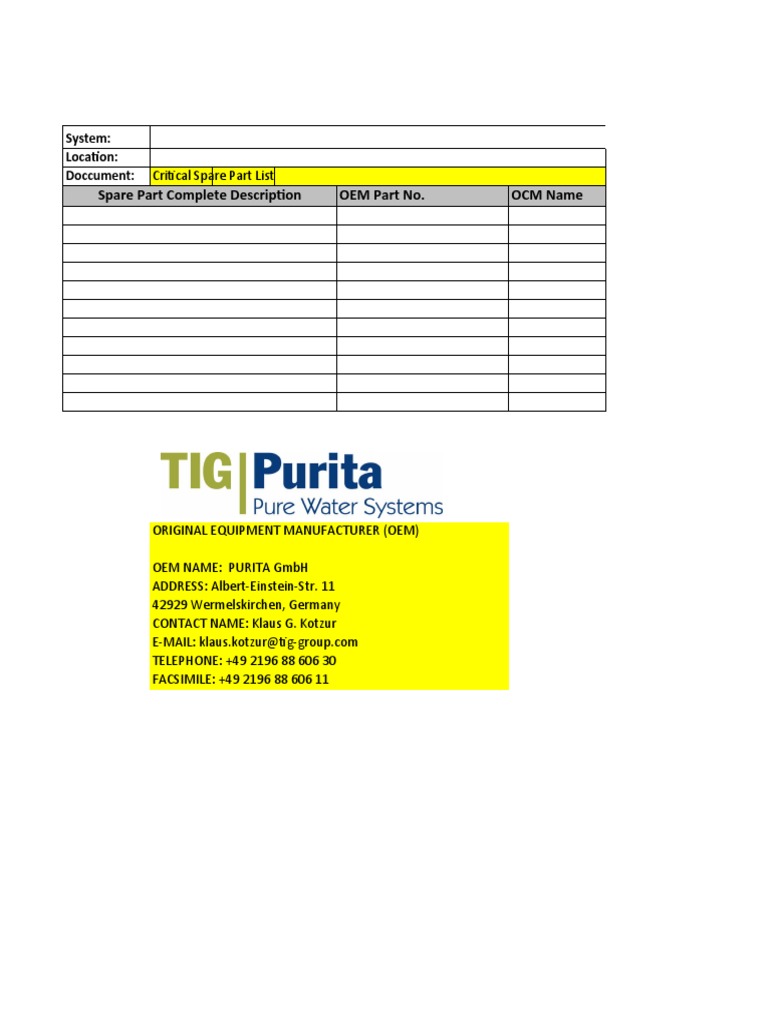 Critical Spare Parts List Sample | PDF