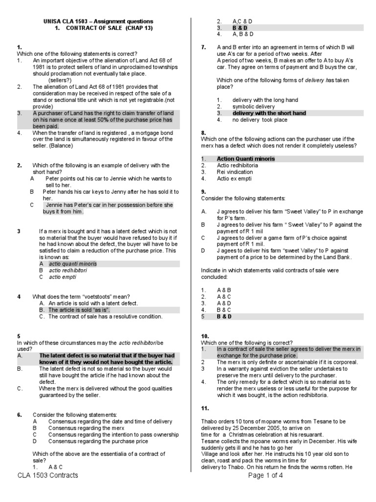 UNISA CLA 1503 Contract Sale Q&A | PDF | Contract Law | Business