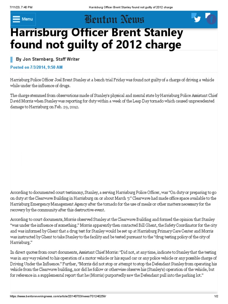 Harrisburg Officer Brent Stanley Found Not Guilty of 2012 Charge | PDF | Driving Under The ...